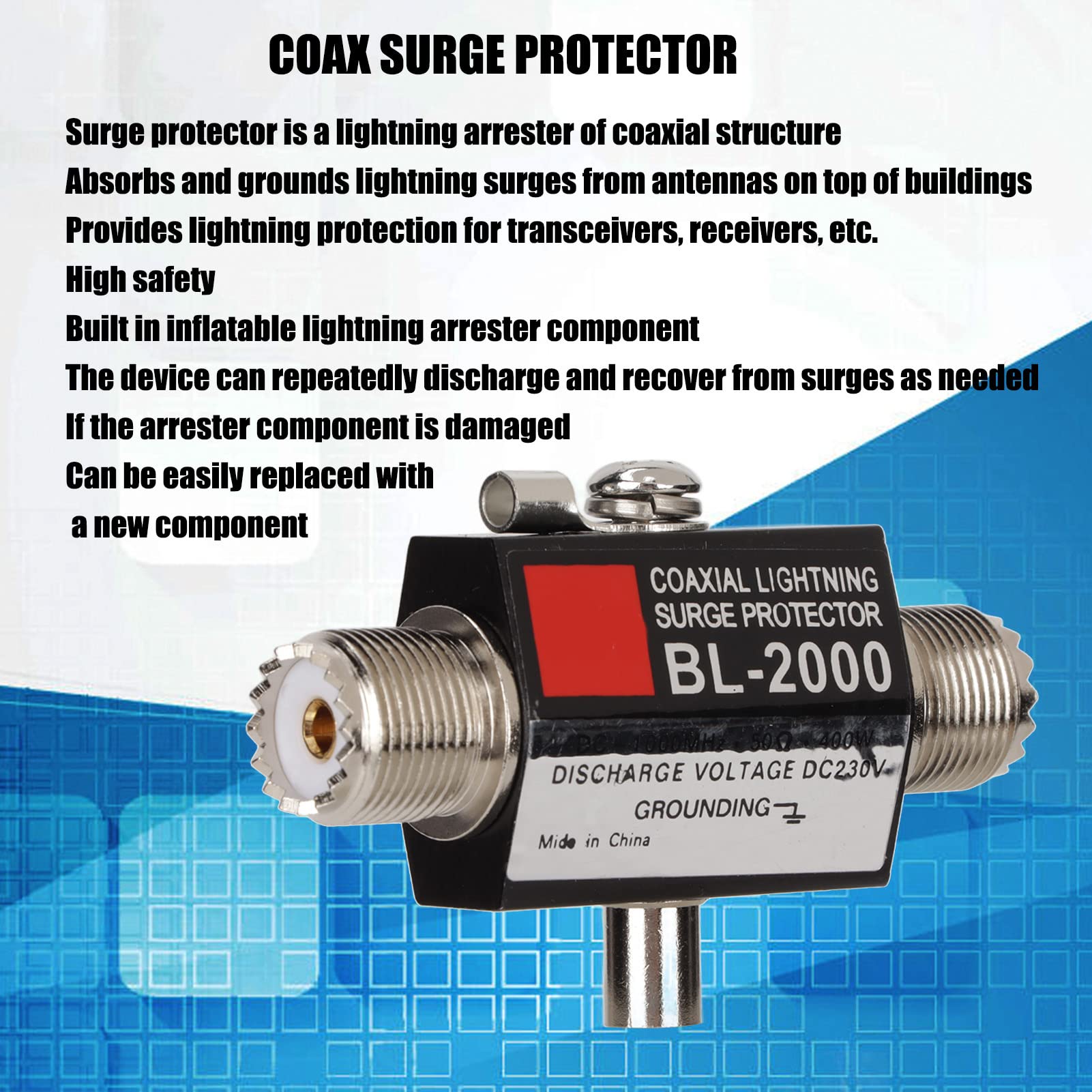 Sanpyl Coaxial Lightning Surge Protector, BL 2000 PL259 Female to PL259 Female Comprehensive Protection Coaxial Lightning Arrestor