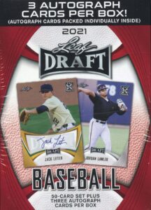 2021 leaf draft baseball series factory sealed blaster box including a 50 card set and 3 autograph cards with a chance for gold autographed variants