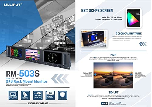 LILLIPUT RM-503S 3 X 5 inch Full HD 2RU Rack Mount Monitor 1920x1080 HDMI 2.0, 3G-SDI Input and Output with Waveform and Vector Functions