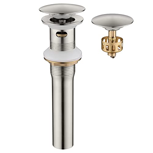 Pop up Sink Drain Stopper with Overflow Brushed Nickel for Bathroom Vessel Vanity Sink Art Basin，Big Cap Sink Drain with Overflow, Metal Pop-up Drain Strainer with Detachable Basket Stopper