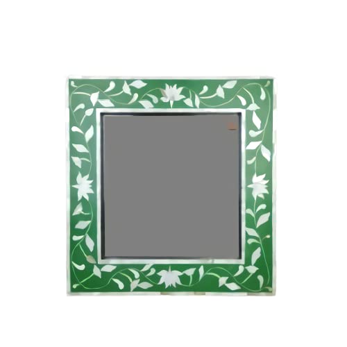 Handmade Mother of Pearl inlay Green Floral Pattern Square Mirror Frame for Home decor | Handcrafted MOP Inlay Green Square Floral Pattern Mirror Frame