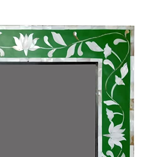 Handmade Mother of Pearl inlay Green Floral Pattern Square Mirror Frame for Home decor | Handcrafted MOP Inlay Green Square Floral Pattern Mirror Frame