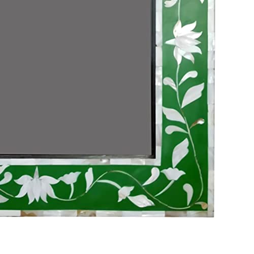 Handmade Mother of Pearl inlay Green Floral Pattern Square Mirror Frame for Home decor | Handcrafted MOP Inlay Green Square Floral Pattern Mirror Frame