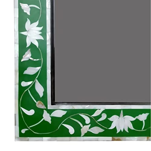 Handmade Mother of Pearl inlay Green Floral Pattern Square Mirror Frame for Home decor | Handcrafted MOP Inlay Green Square Floral Pattern Mirror Frame