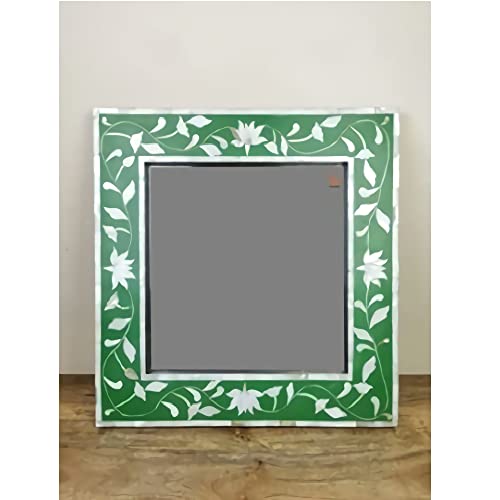 Handmade Mother of Pearl inlay Green Floral Pattern Square Mirror Frame for Home decor | Handcrafted MOP Inlay Green Square Floral Pattern Mirror Frame