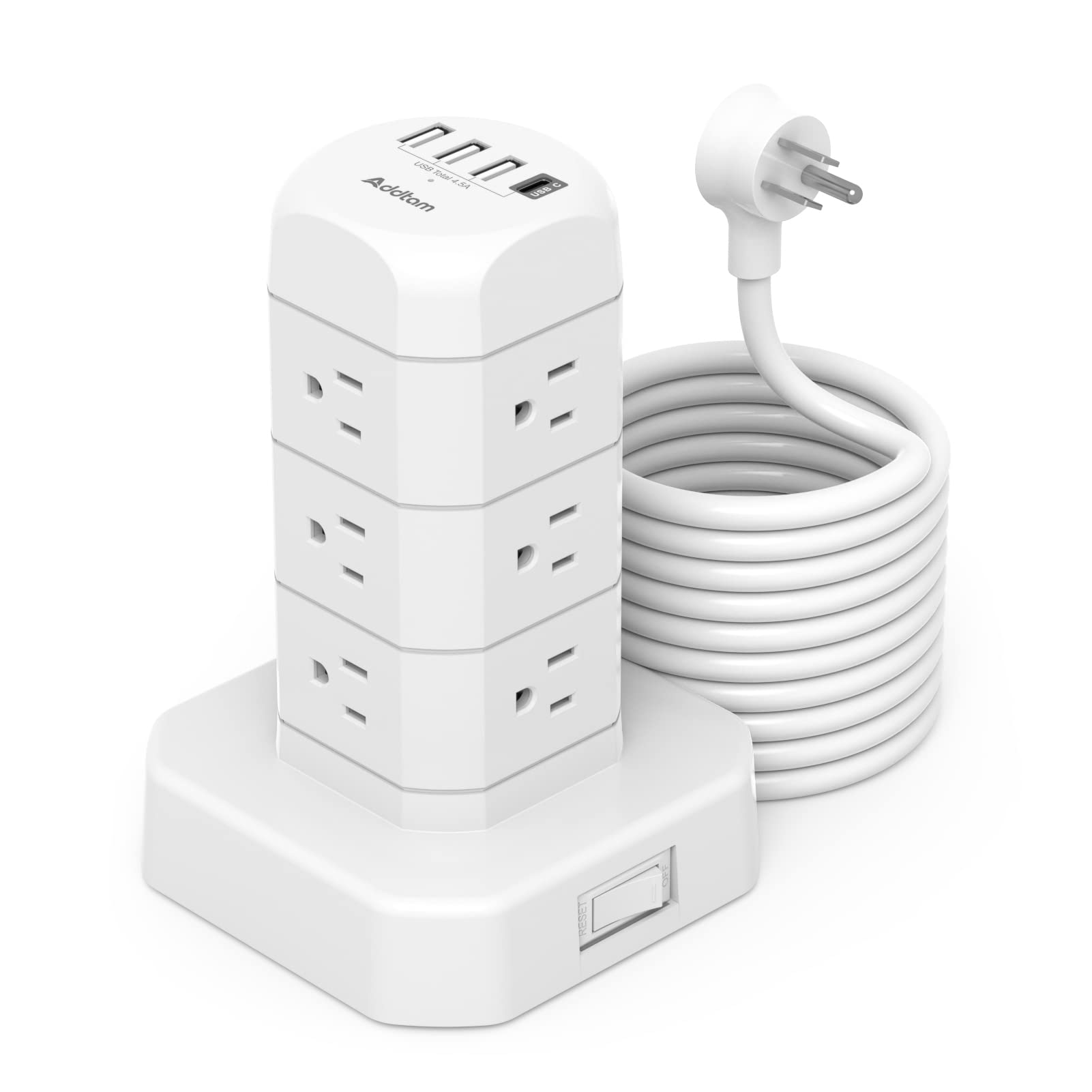 Power Strip Tower Surge Protector - 10 FT Extension Cord with Multiple Outlets, 12 Outlets 4 USB Ports Electric Power Tower, Flat Plug, Desktop Charging Station for Office Home Dorm Essentials White