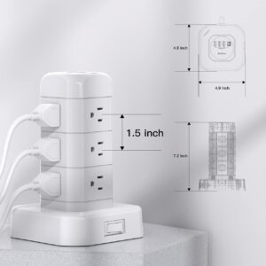 Power Strip Tower Surge Protector - 10 FT Extension Cord with Multiple Outlets, 12 Outlets 4 USB Ports Electric Power Tower, Flat Plug, Desktop Charging Station for Office Home Dorm Essentials White