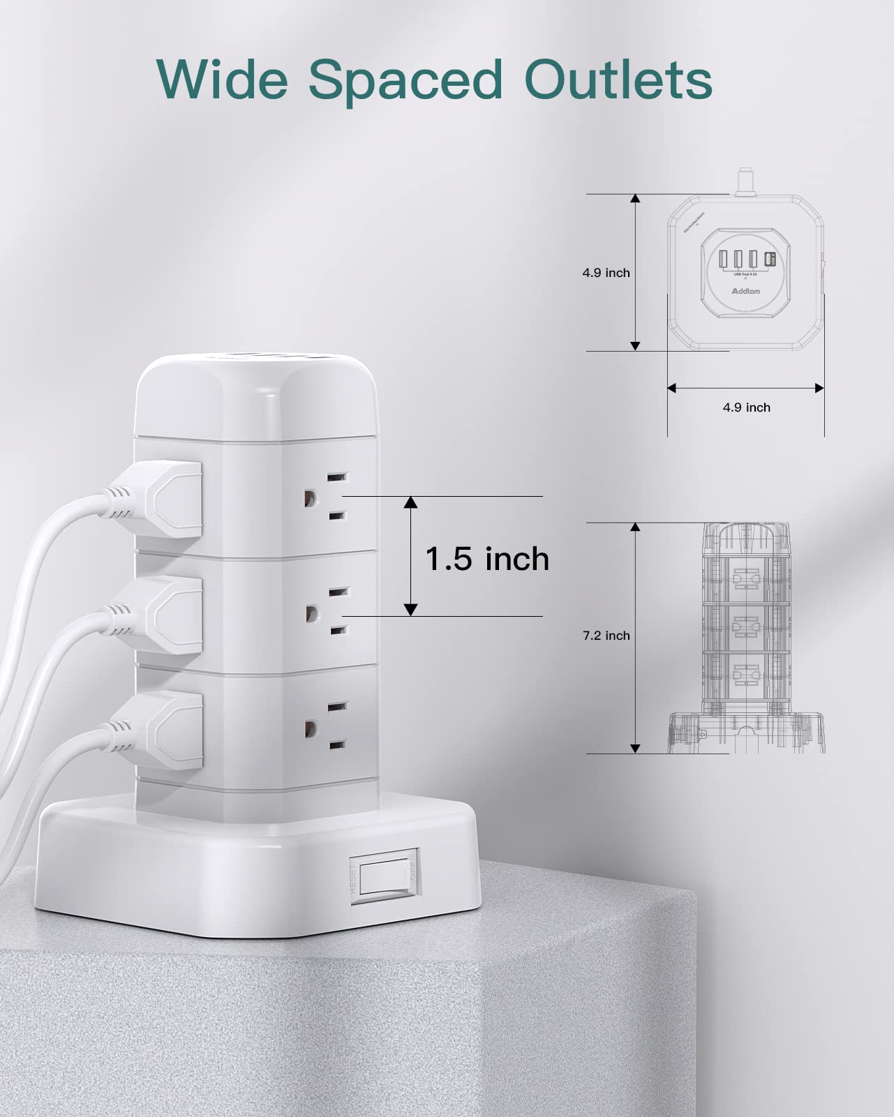 Power Strip Tower Surge Protector - 10 FT Extension Cord with Multiple Outlets, 12 Outlets 4 USB Ports Electric Power Tower, Flat Plug, Desktop Charging Station for Office Home Dorm Essentials White