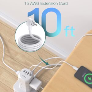 Power Strip Tower Surge Protector - 10 FT Extension Cord with Multiple Outlets, 12 Outlets 4 USB Ports Electric Power Tower, Flat Plug, Desktop Charging Station for Office Home Dorm Essentials White