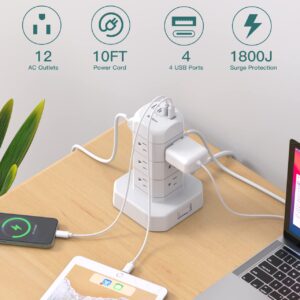 Power Strip Tower Surge Protector - 10 FT Extension Cord with Multiple Outlets, 12 Outlets 4 USB Ports Electric Power Tower, Flat Plug, Desktop Charging Station for Office Home Dorm Essentials White