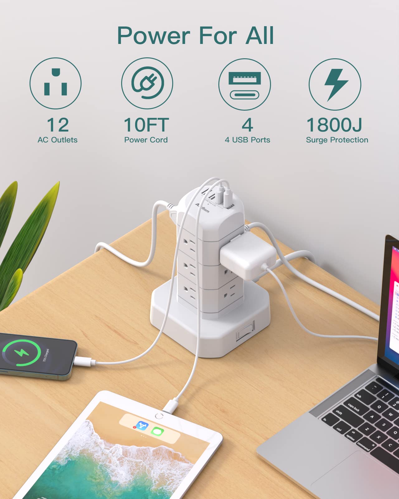 Power Strip Tower Surge Protector - 10 FT Extension Cord with Multiple Outlets, 12 Outlets 4 USB Ports Electric Power Tower, Flat Plug, Desktop Charging Station for Office Home Dorm Essentials White