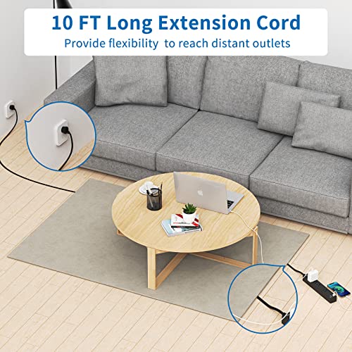 10ft Thin Flat Extension Cord Bundle, NTONPOWER 3 Outlets 2 USB Power Strip with 10ft Power Cord, 4 Outlets 2 USB Power Strip with 10 ft Extension Cord, Flat Plug, Mount for Home Office, Black