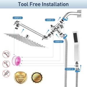 Psylc 10 Inch (All Metal) Rain Shower Head With Handheld, High Pressure Dual Shower Head Combo With Adjustable Extension Arm, 70" Flexible Hose, 3-Way Diverter - Height/Angle Adjustable(Chrome)