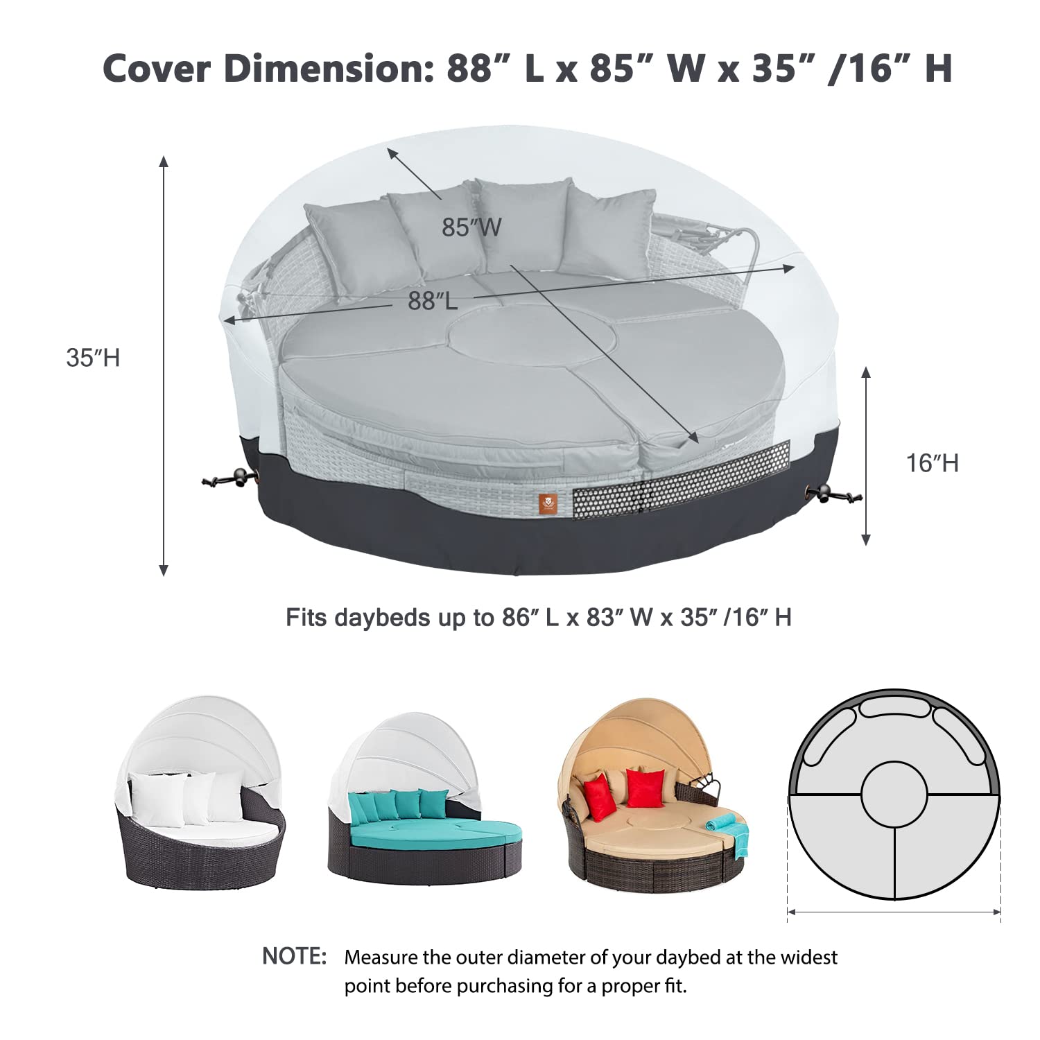 ClawsCover Outdoor Daybed Covers Waterproof,Round/Oval Patio Sectional Couch Bed Furniture Cover with Canopy,Heavy Duty Tearproof 600D Polyester Fabric,All Weather Protection,88Lx85Wx35/16H Inch