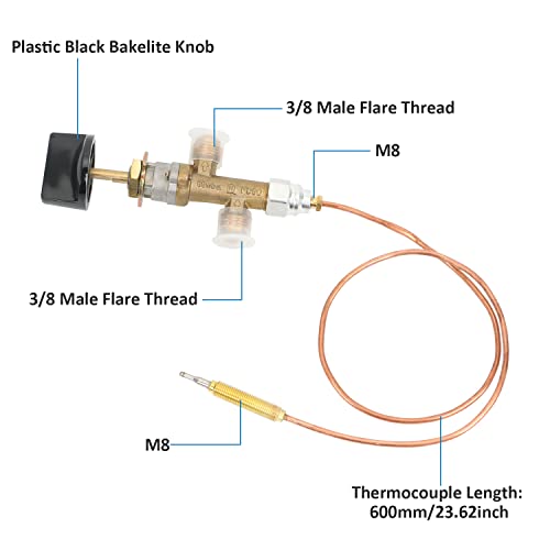 ATKKE Low Pressure LPG Propane Gas Fireplace Fire Pit Flame Failure Safety Control Valve Kit, Low Pressure Propane Valve Replacement Part with Thermocouple Knob, 3/8’’ Flare Inlet&Outlet