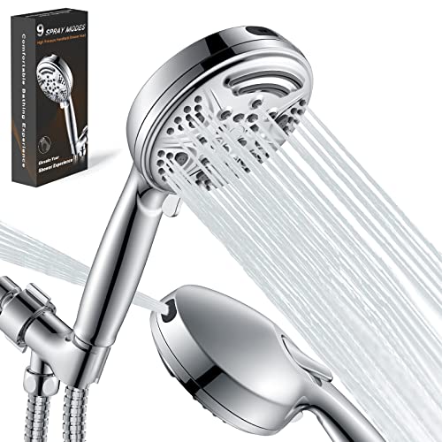 APPASO Hand Held Shower Head with 59'' Stainless Steel Hose, Upgraded 9 Modes High Pressure Shower Head with Handheld, Chrome High Flow Handheld Showerhead with 360° Rotation Bracket, Rubber Washers