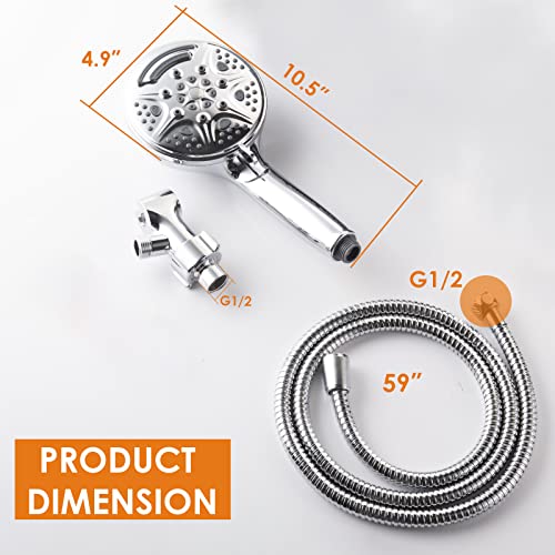 APPASO Hand Held Shower Head with 59'' Stainless Steel Hose, Upgraded 9 Modes High Pressure Shower Head with Handheld, Chrome High Flow Handheld Showerhead with 360° Rotation Bracket, Rubber Washers