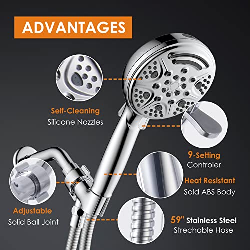 APPASO Hand Held Shower Head with 59'' Stainless Steel Hose, Upgraded 9 Modes High Pressure Shower Head with Handheld, Chrome High Flow Handheld Showerhead with 360° Rotation Bracket, Rubber Washers