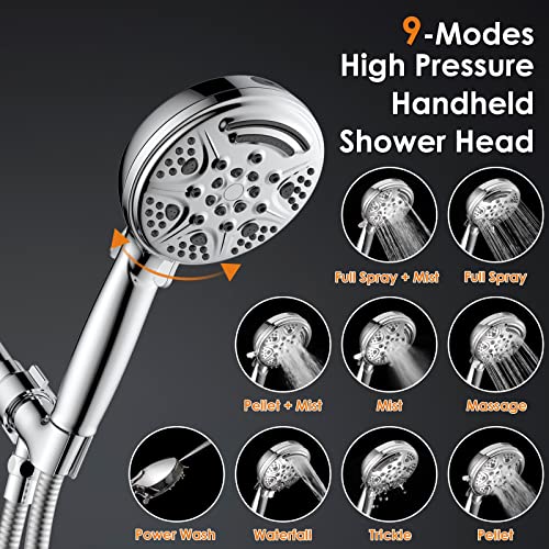 APPASO Hand Held Shower Head with 59'' Stainless Steel Hose, Upgraded 9 Modes High Pressure Shower Head with Handheld, Chrome High Flow Handheld Showerhead with 360° Rotation Bracket, Rubber Washers