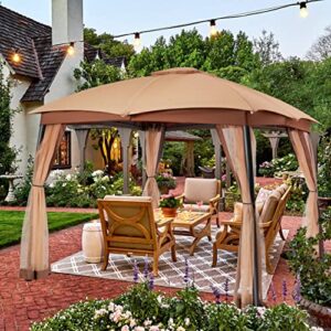 fab based 10x10 gazebo for patio, double vent canopy gazebo with privacy netting screen, outdoor heavy duty steel waterproof and portable gazebo for deck backyard lawn and garden (khaki)