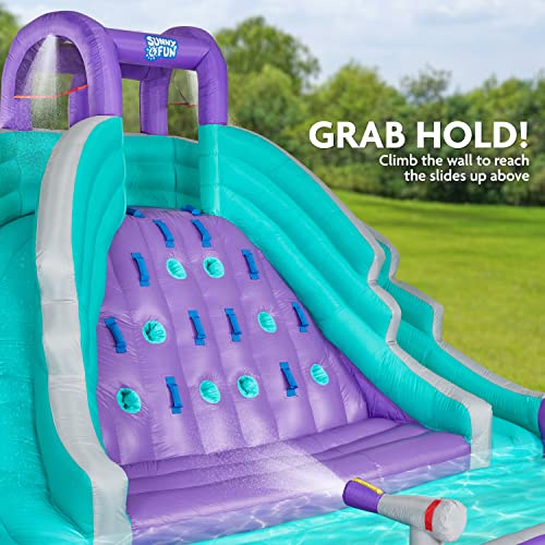 SUNNY & FUN Ultra Climber Inflatable Water Slide Park – Heavy-Duty for Outdoor Fun - Climbing Wall, Two Slides & Splash Pool – Easy to Set Up & Inflate with Included Air Pump & Carrying Case