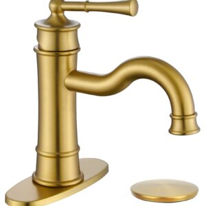 WINKEAR Roman Bathroom Sink Faucet Brushed Gold Single Hole Deck-Mount Pop-up Drain Assembly with Overflow Deck Plate and Water Supply Lines Included