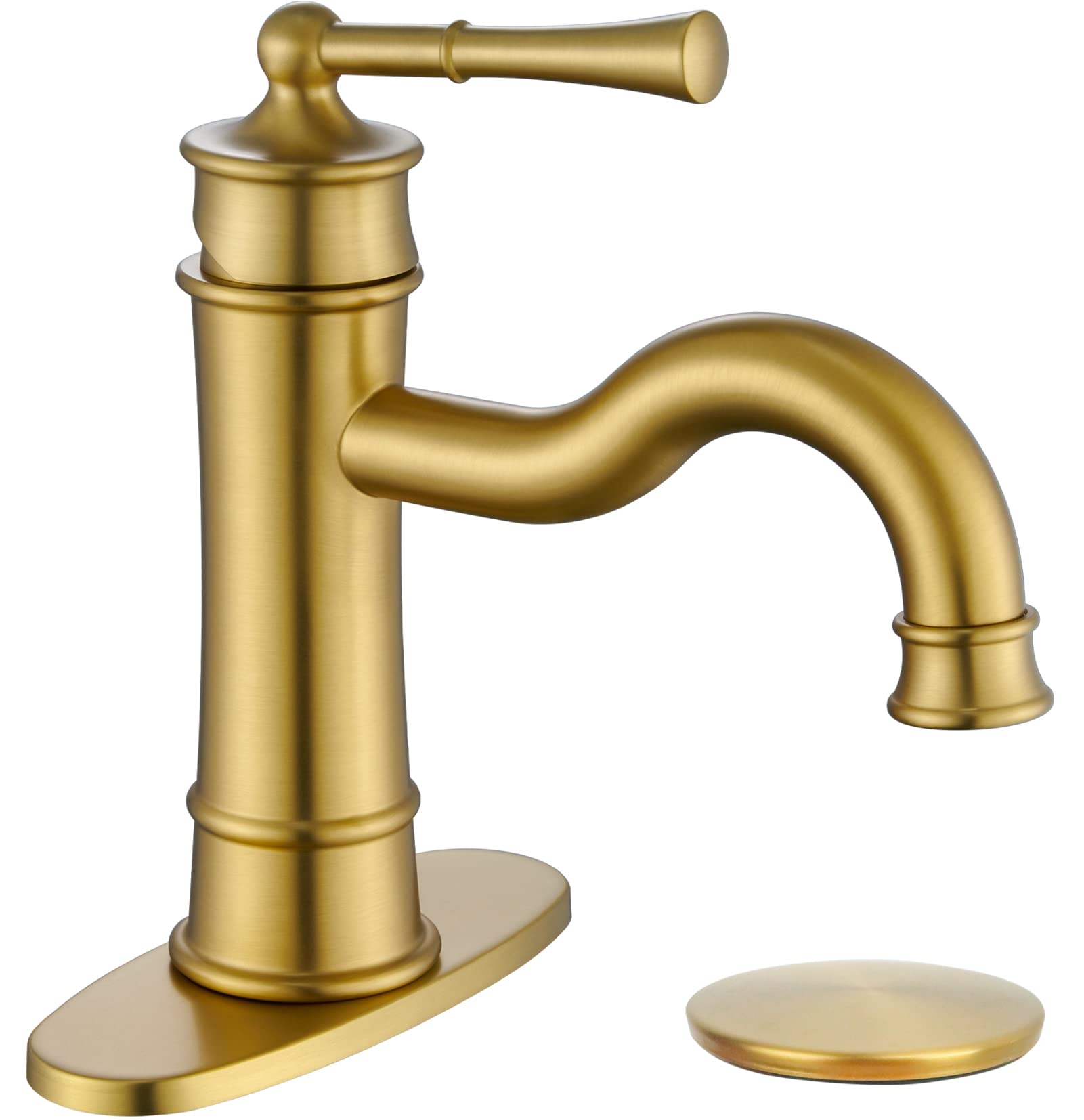 WINKEAR Roman Bathroom Sink Faucet Brushed Gold Single Hole Deck-Mount Pop-up Drain Assembly with Overflow Deck Plate and Water Supply Lines Included