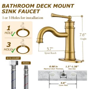 WINKEAR Roman Bathroom Sink Faucet Brushed Gold Single Hole Deck-Mount Pop-up Drain Assembly with Overflow Deck Plate and Water Supply Lines Included