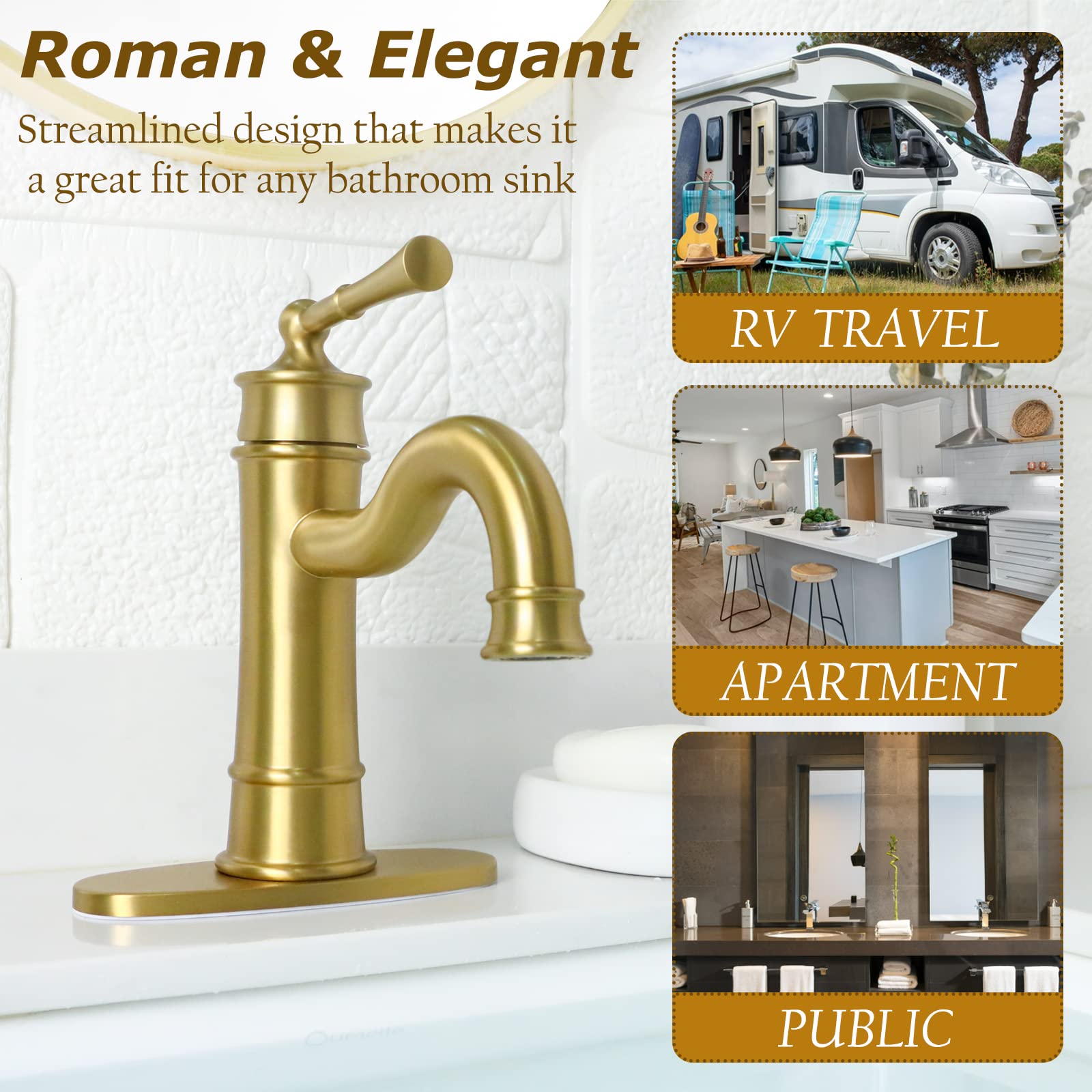 WINKEAR Roman Bathroom Sink Faucet Brushed Gold Single Hole Deck-Mount Pop-up Drain Assembly with Overflow Deck Plate and Water Supply Lines Included