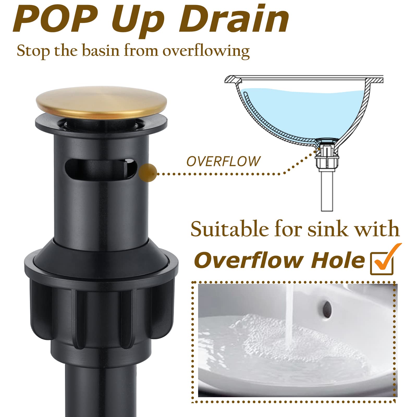 WINKEAR Roman Bathroom Sink Faucet Brushed Gold Single Hole Deck-Mount Pop-up Drain Assembly with Overflow Deck Plate and Water Supply Lines Included