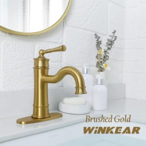 WINKEAR Roman Bathroom Sink Faucet Brushed Gold Single Hole Deck-Mount Pop-up Drain Assembly with Overflow Deck Plate and Water Supply Lines Included