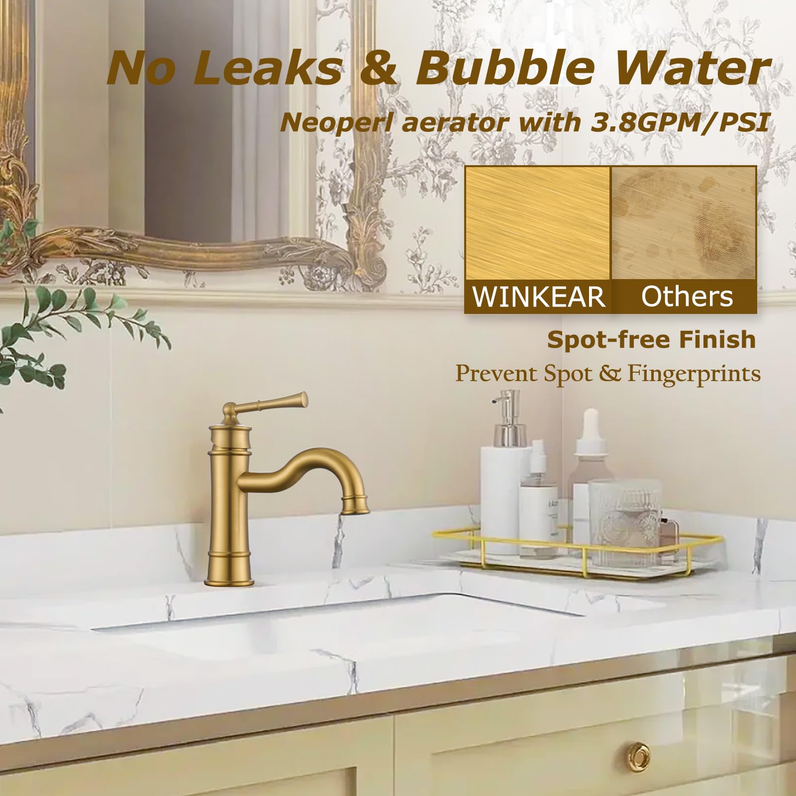 WINKEAR Roman Bathroom Sink Faucet Brushed Gold Single Hole Deck-Mount Pop-up Drain Assembly with Overflow Deck Plate and Water Supply Lines Included