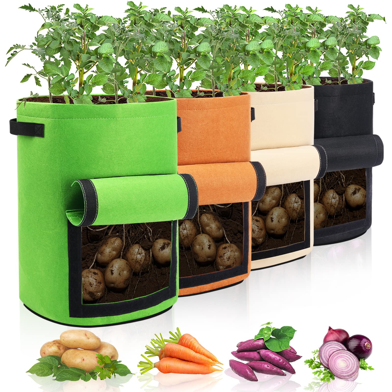 Homyhoo 4 Pack Potato Growing Bag with Flap 10 Gallon Planter Pots with Handles and Harvest Window for Potato Tomato and Vegetables, Black Green Orange and Beige