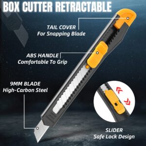 TIFICAL 4 Pack Box Cutter Retractable, Utility Knife 9MM Wide Snap-Off Blades, Exacto Knife for Cutting Box, Wrapping, Cardboard, Extended Razor Knife, Box Opener Perfect for Office, Home, School