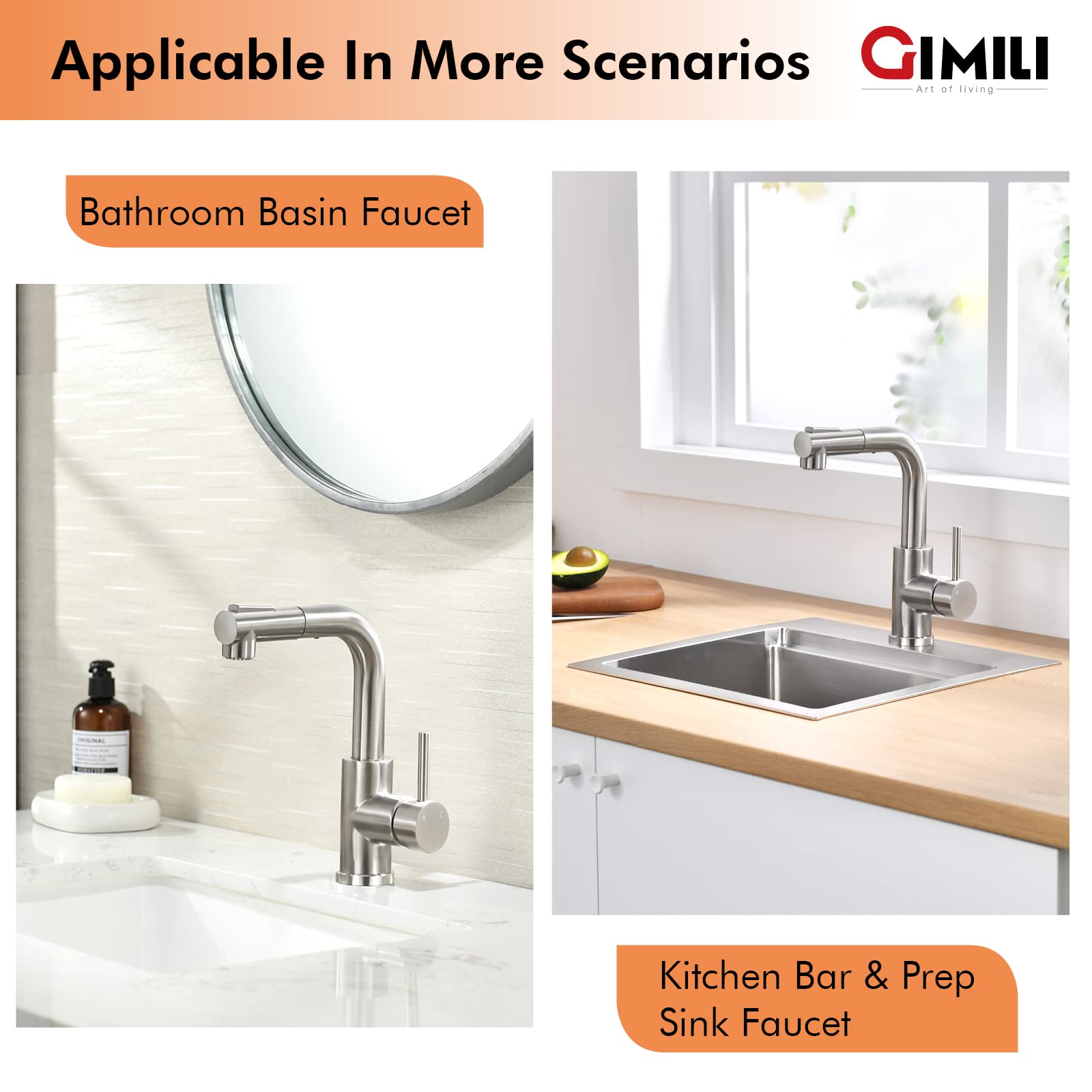 GIMILI Modern Bar Sink Faucet for Kitchen Sink Single Handle with Pull Out Sprayer Hot and Cold Prep Sink Faucet Brushed Nickel