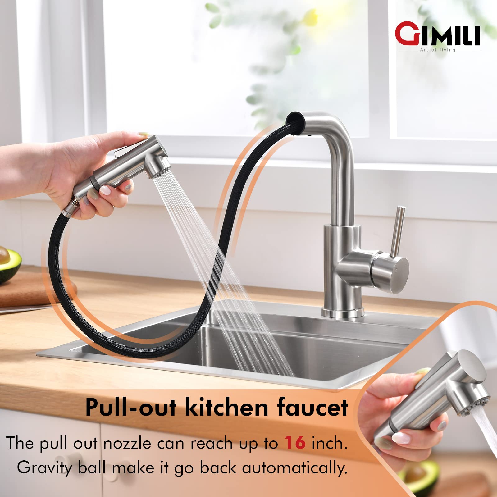 GIMILI Modern Bar Sink Faucet for Kitchen Sink Single Handle with Pull Out Sprayer Hot and Cold Prep Sink Faucet Brushed Nickel