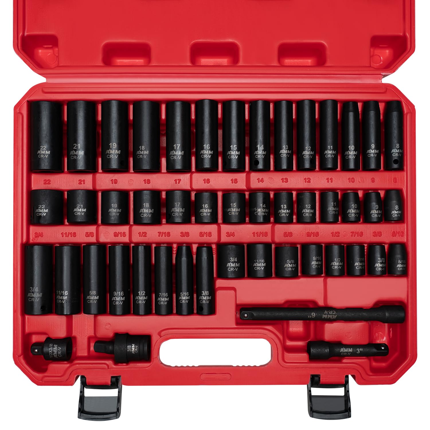 AMM 3/8" Drive Impact Socket Set, 48-Piece Standard SAE (5/16 to 3/4 inch) and Metric (8-22mm) Size, 3" and 6" Drive Extension Bar, Impact Universal Joint, 3/8" to 1/2" Impact Adaptor, CR-V