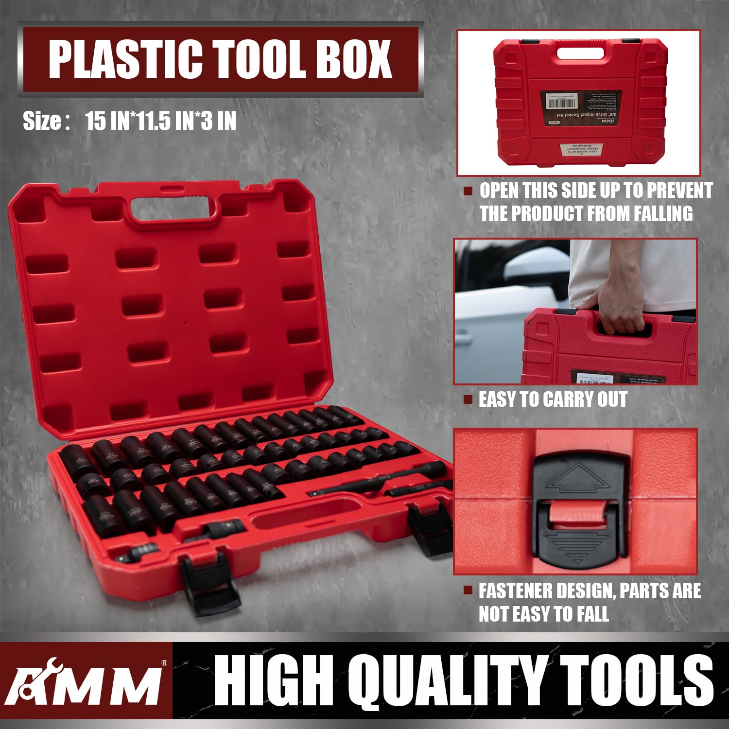 AMM 3/8" Drive Impact Socket Set, 48-Piece Standard SAE (5/16 to 3/4 inch) and Metric (8-22mm) Size, 3" and 6" Drive Extension Bar, Impact Universal Joint, 3/8" to 1/2" Impact Adaptor, CR-V