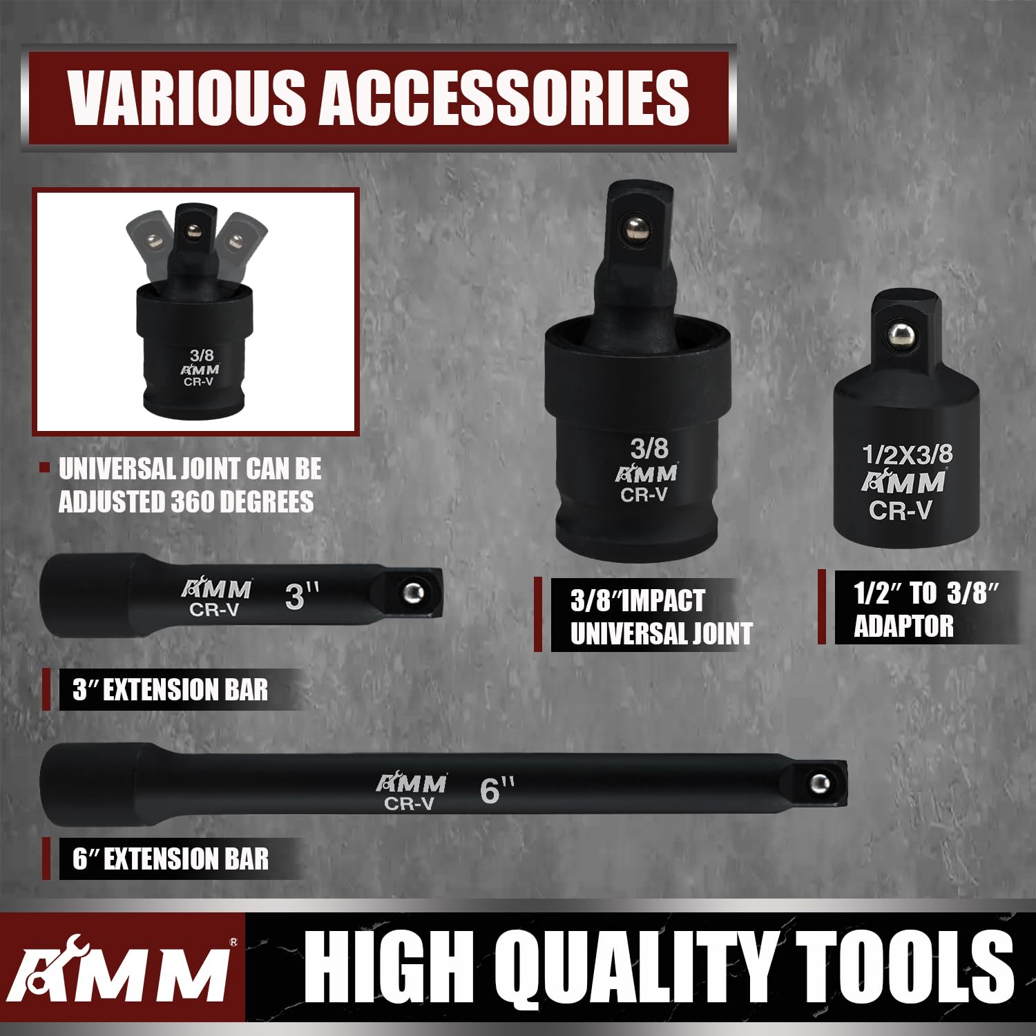 AMM 3/8" Drive Impact Socket Set, 48-Piece Standard SAE (5/16 to 3/4 inch) and Metric (8-22mm) Size, 3" and 6" Drive Extension Bar, Impact Universal Joint, 3/8" to 1/2" Impact Adaptor, CR-V