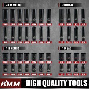 AMM 3/8" Drive Impact Socket Set, 48-Piece Standard SAE (5/16 to 3/4 inch) and Metric (8-22mm) Size, 3" and 6" Drive Extension Bar, Impact Universal Joint, 3/8" to 1/2" Impact Adaptor, CR-V