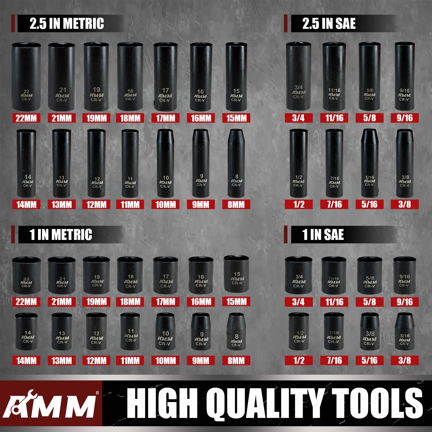 AMM 3/8" Drive Impact Socket Set, 48-Piece Standard SAE (5/16 to 3/4 inch) and Metric (8-22mm) Size, 3" and 6" Drive Extension Bar, Impact Universal Joint, 3/8" to 1/2" Impact Adaptor, CR-V