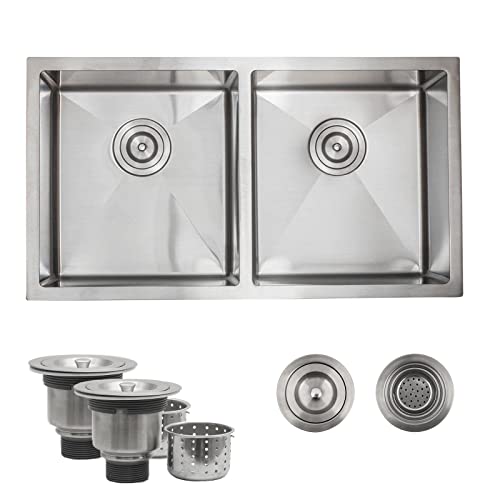 Strictly Sinks 32 Inch Double Bowl Kitchen Sink - Undermount Kitchen Sink Tight Radius 50/50 Double Bowl with Sound Dampening Rubber Pads, 2 Strainer Drains Only