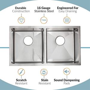 Strictly Sinks 32 Inch Double Bowl Kitchen Sink - Undermount Kitchen Sink Tight Radius 50/50 Double Bowl with Sound Dampening Rubber Pads, 2 Strainer Drains Only