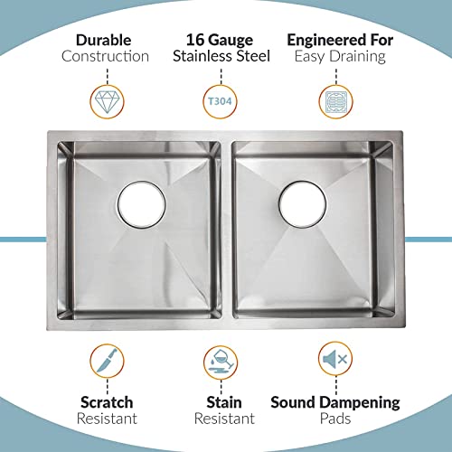 Strictly Sinks 32 Inch Double Bowl Kitchen Sink - Undermount Kitchen Sink Tight Radius 50/50 Double Bowl with Sound Dampening Rubber Pads, 2 Strainer Drains Only