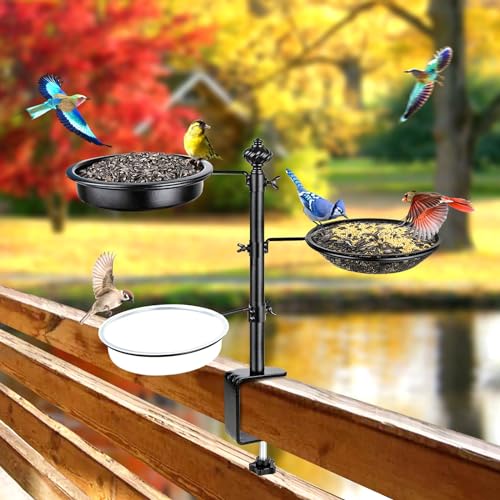 BOLITE Deck Bird Feeder for Railing, Balcony Bird Feeders for Outside, Three Trays, Enhanced Version, Black