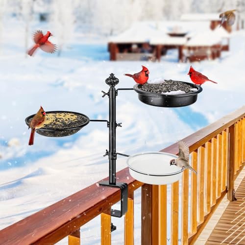 BOLITE Deck Bird Feeder for Railing, Balcony Bird Feeders for Outside, Three Trays, Enhanced Version, Black