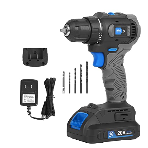 Cordless Drill Set, 20V Electric Power Brushless Drill with 3/8” Keyless Chuck, Battery and Charger, 20+1 Torque Setting, 400In-lbs, 0-1500RPM 2 Variable Speed, 5pcs Drill Bits