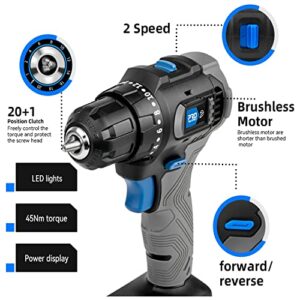 Cordless Drill Set, 20V Electric Power Brushless Drill with 3/8” Keyless Chuck, Battery and Charger, 20+1 Torque Setting, 400In-lbs, 0-1500RPM 2 Variable Speed, 5pcs Drill Bits