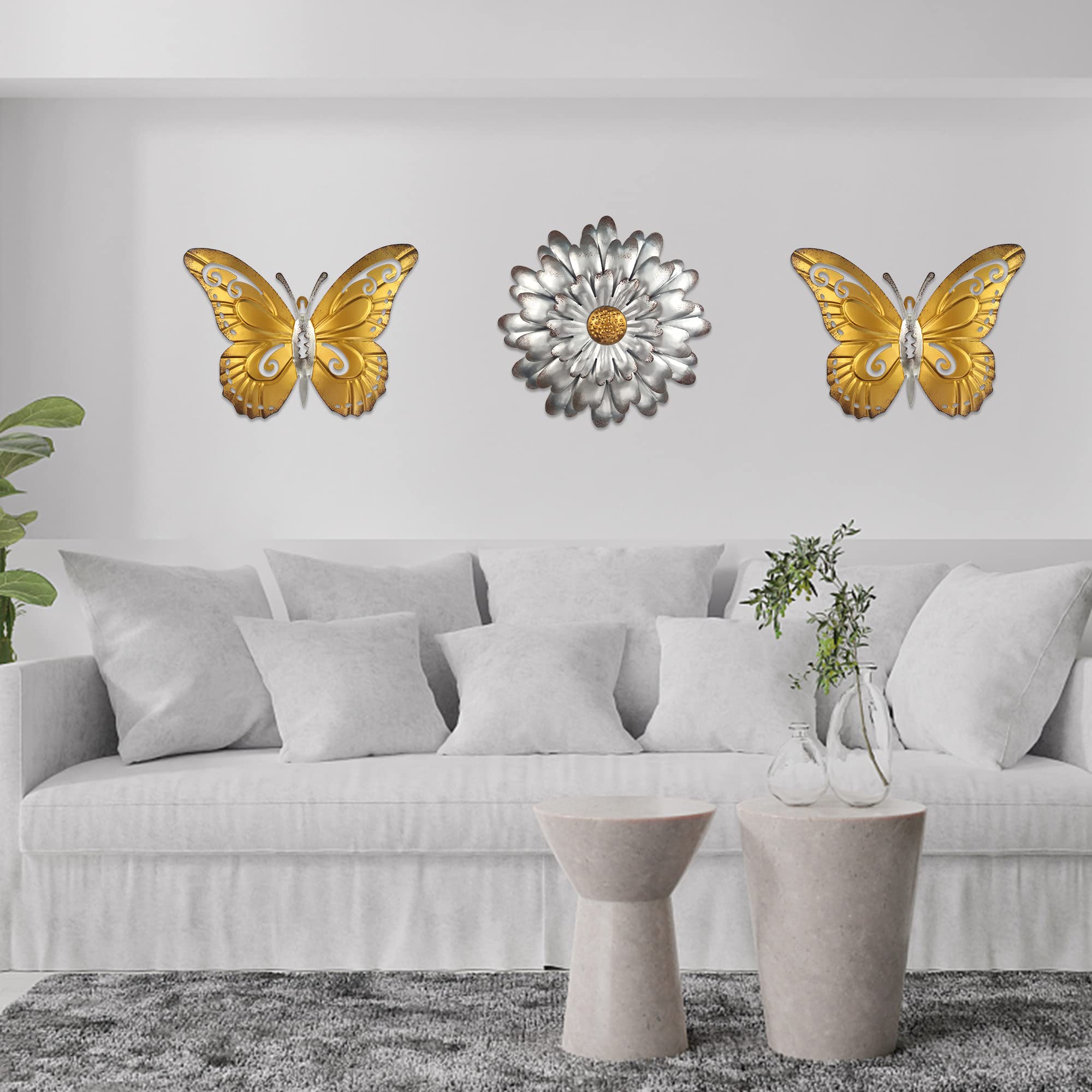 JOYBee 3Pcs Metal Flower With Butterfly Wall Decor - Wall Art Decorations Flower With 2Pcs Butterfly Spring Yard Garden Decor Hanging for Bedroom, Living Room, Bathroom,Office