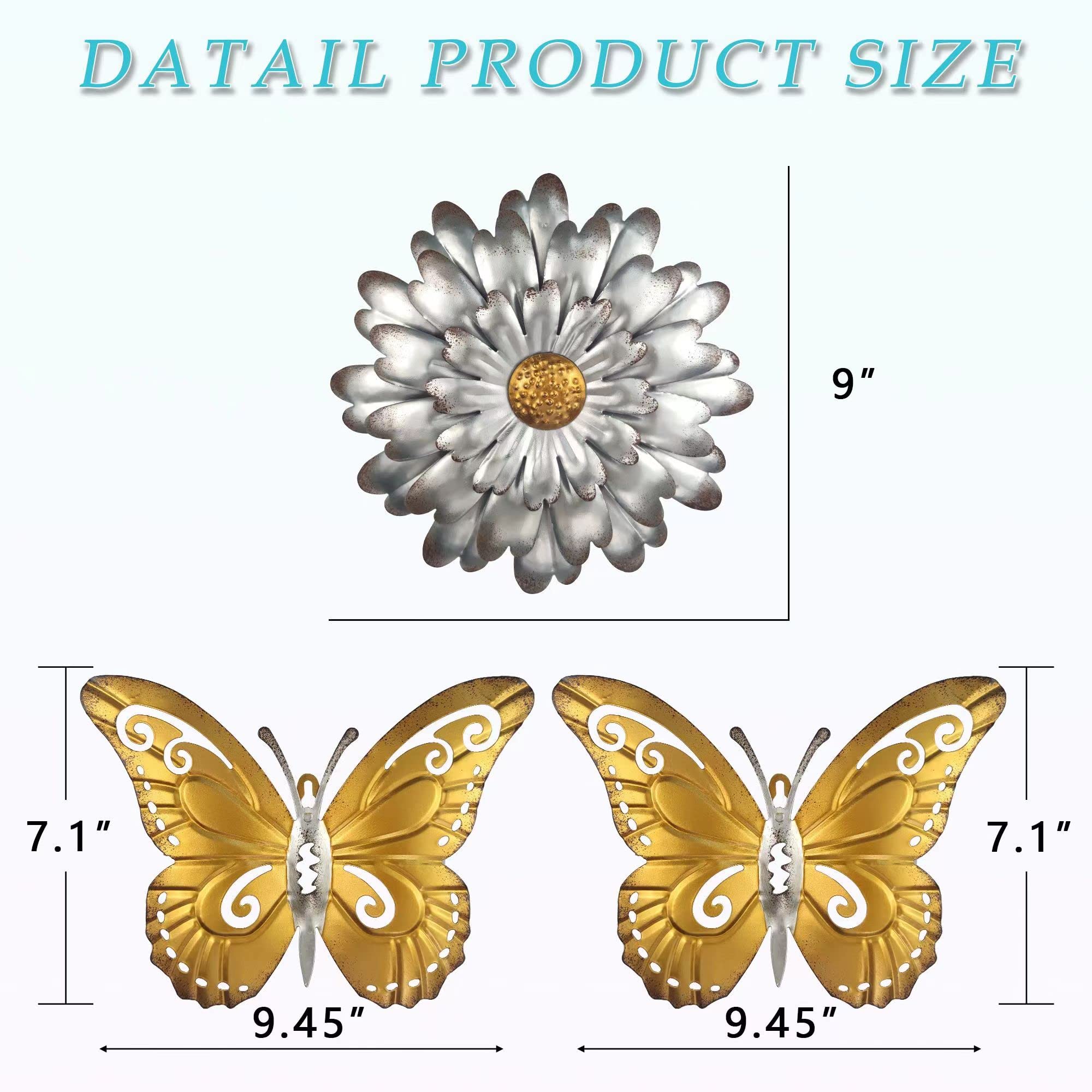 JOYBee 3Pcs Metal Flower With Butterfly Wall Decor - Wall Art Decorations Flower With 2Pcs Butterfly Spring Yard Garden Decor Hanging for Bedroom, Living Room, Bathroom,Office